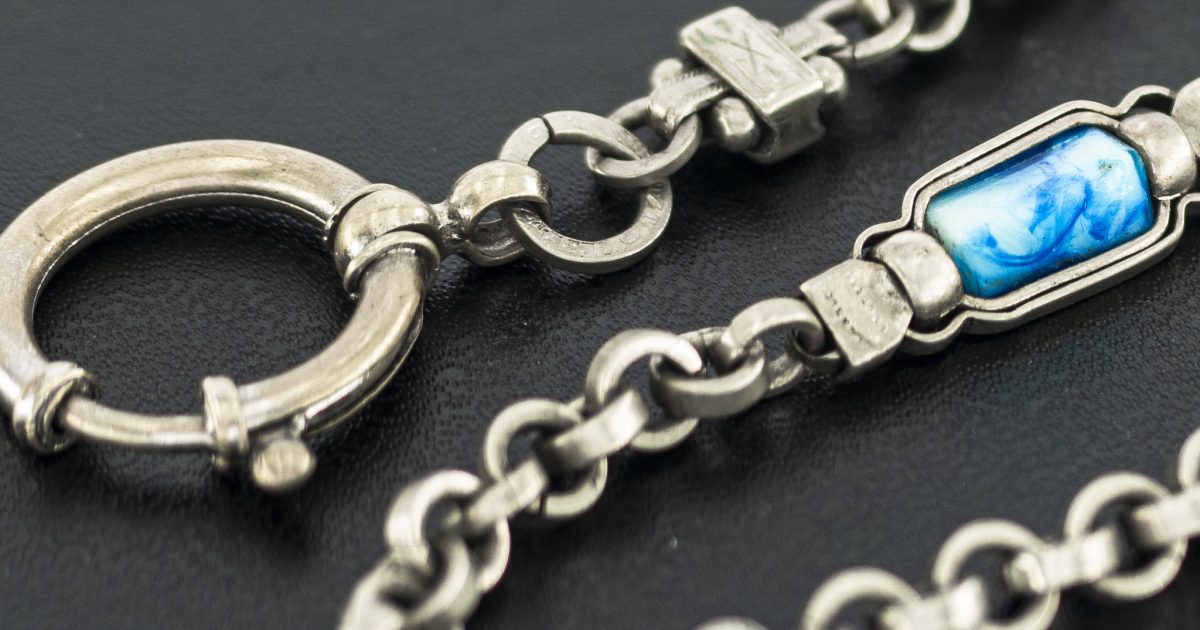Antique pocket watch chain, silver color with blue stone, early 1900s ...